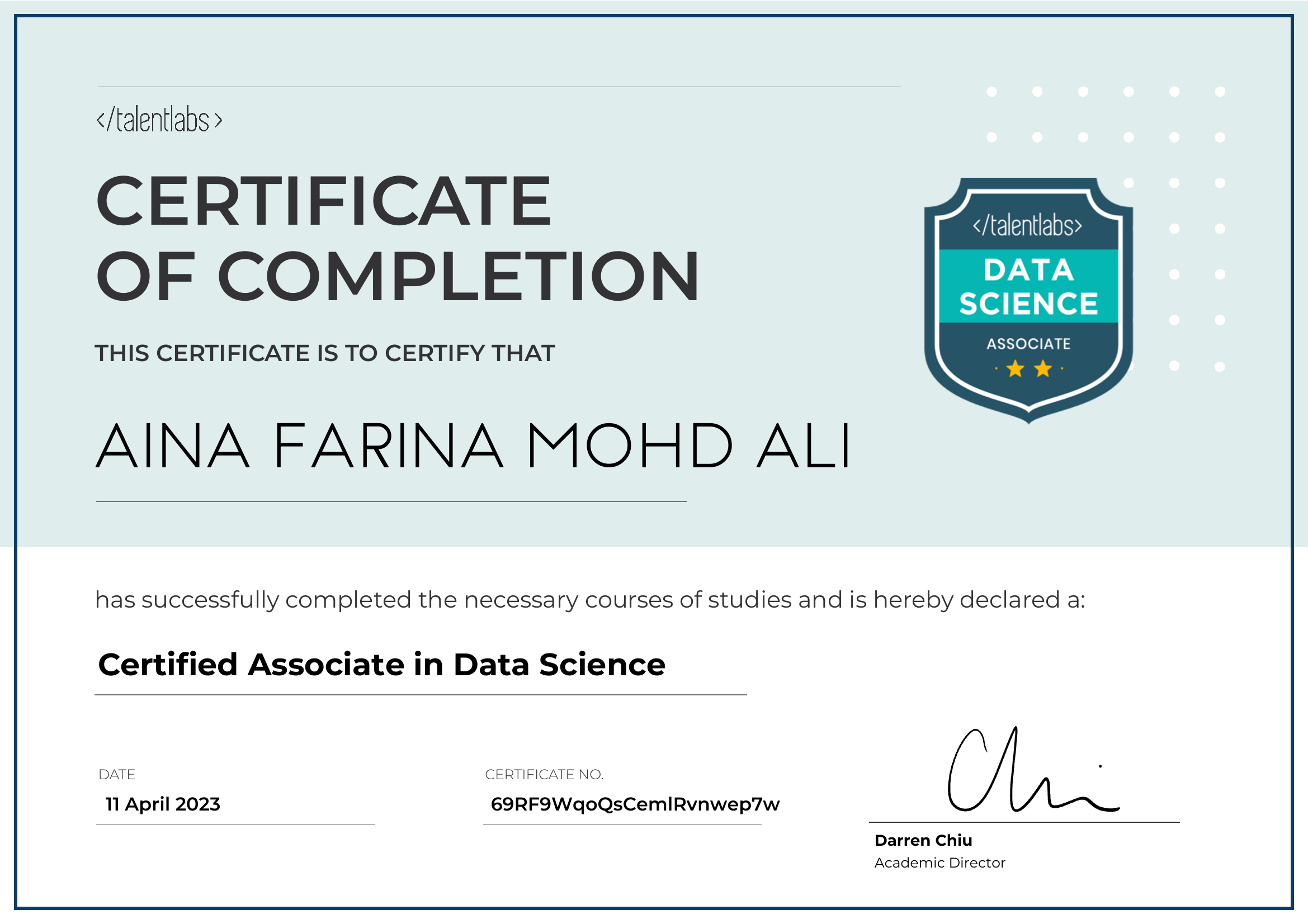 Certified Associate in Data Science Certificate - AINA FARINA MOHD ALI