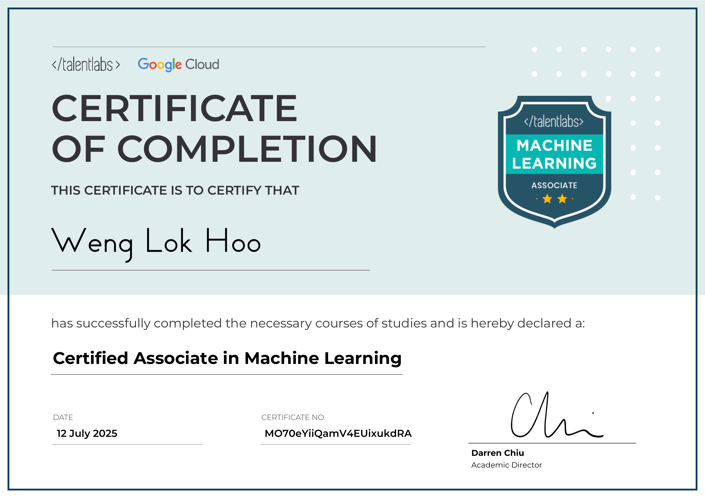 Certified Associate in Machine Learning Certificate - Weng Lok Hoo