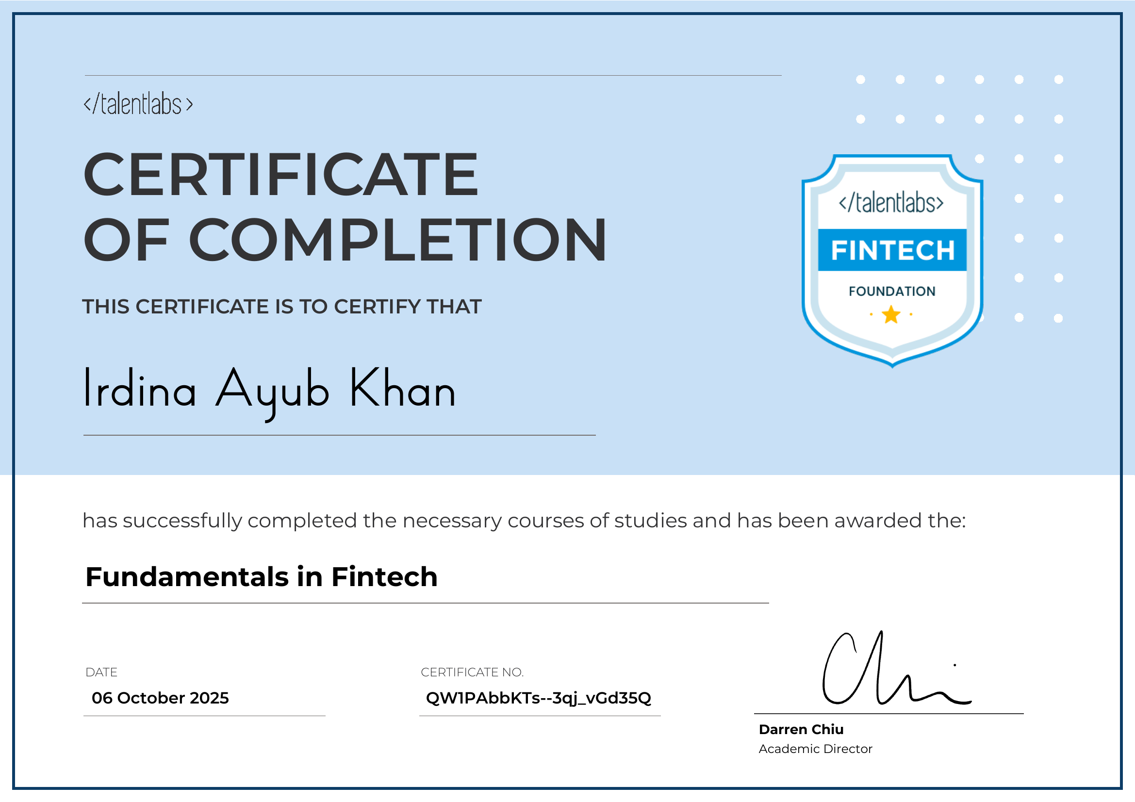 Fundamentals in Fintech Certificate - Irdina Ayub Khan