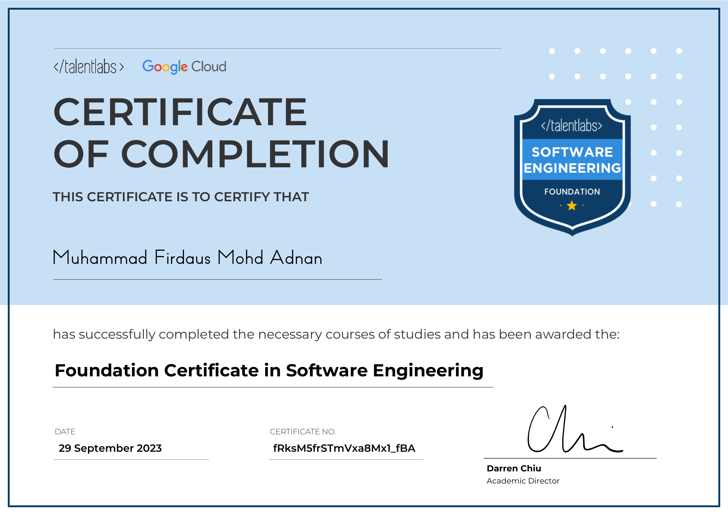 Foundation Certificate in Software Engineering Certificate - Muhammad Firdaus Mohd Adnan