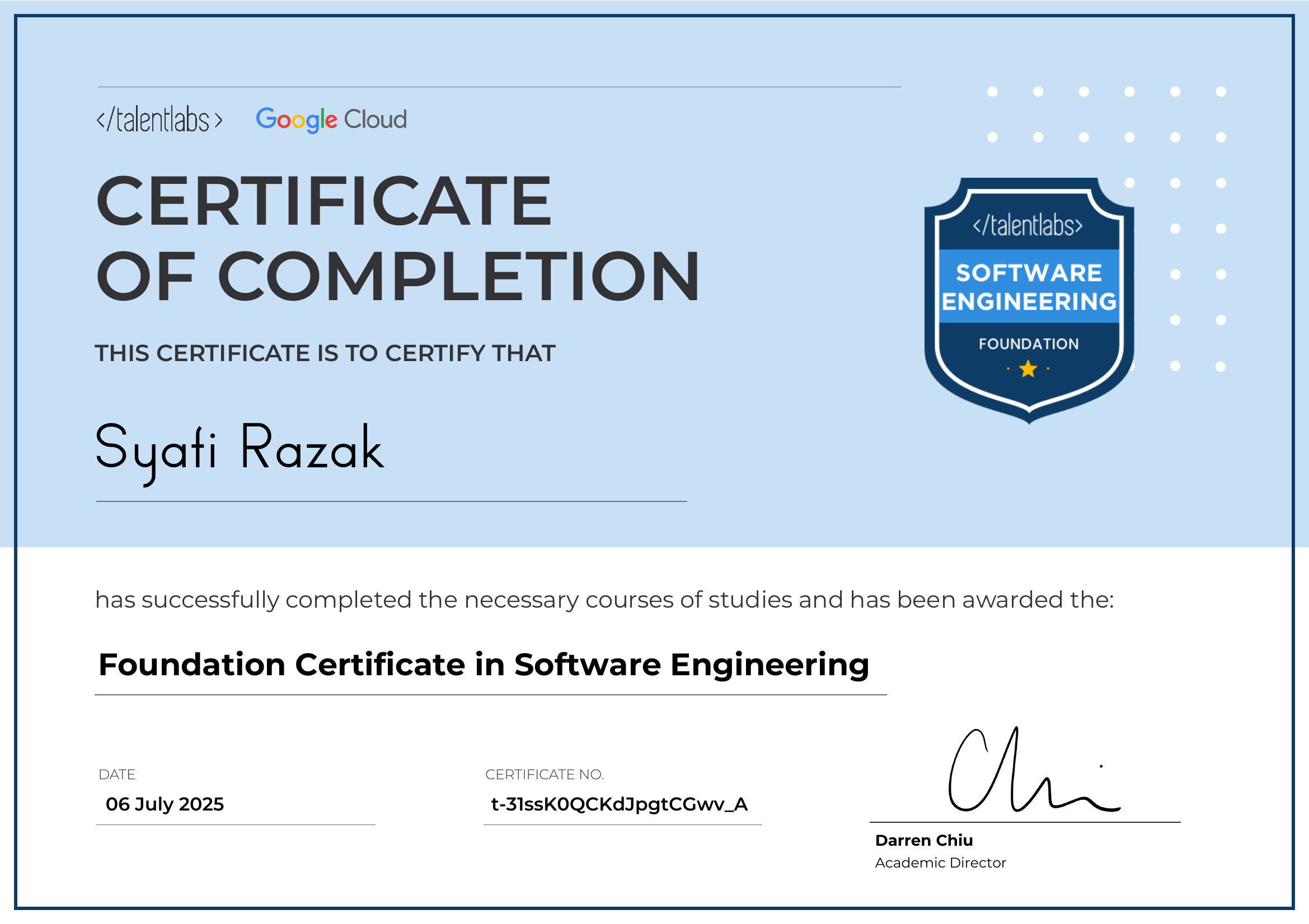 Foundation Certificate in Software Engineering Certificate - Syafi Razak
